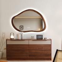 China Walnut Wood Frame Irregular Bathroom Mirror 5mm With Edge Lighting Dimming for sale