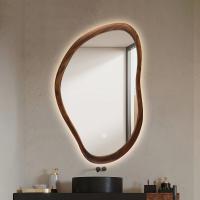 China Walnut Wood Frame Irregular Bathroom Mirror 5mm With Edge Lighting Dimming for sale