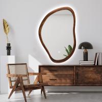 China Walnut Wood Frame Irregular Bathroom Mirror 5mm With Edge Lighting Dimming for sale