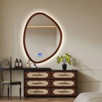 China Walnut Color Wood Frame LED Mirror Illuminated Bathroom Decorative Mirror for sale