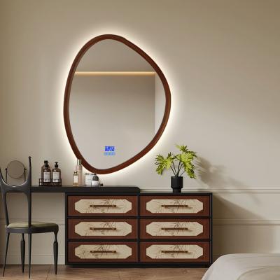 China Walnut Color Wood Frame LED Mirror Illuminated Bathroom Decorative Mirror for sale
