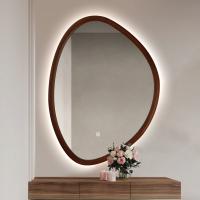 China Walnut Color Wood Frame LED Mirror Illuminated Bathroom Decorative Mirror for sale