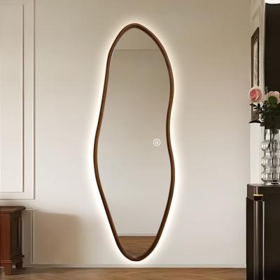 China Asymmetrical Irregular Shape LED Mirror IP66 Solid Wood Frame 60x80cm for sale