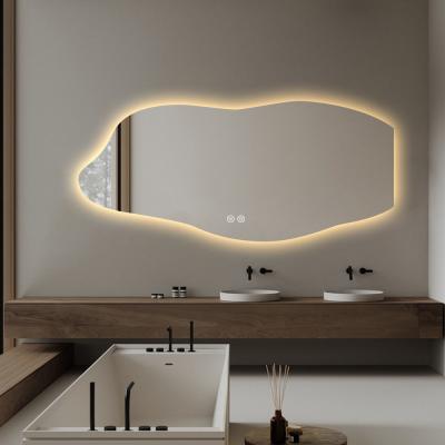 China Dimming Customizable Backlit Vanity Mirror Wave Edge Wall-Mounted LED Bathroom Mirror Anti-Fog 60x80cm for sale