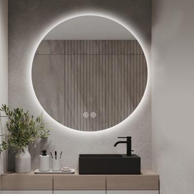 China Luxury Backlit Circular LED Mirror Decorative Frameless Smart Vanity Mirror With Defogger 3 Color Dimming for sale