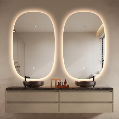 China Irregular Copper Free Silver Mirror Frameless Anti Fog Bathroom Smart LED Mirror 19.68x31.5 inch for sale
