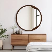 China Wall Mounted Asymmetrical Walnut Wood Framed Bathroom Mirror For Hotel for sale
