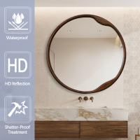 China Wall Mounted Asymmetrical Walnut Wood Framed Bathroom Mirror For Hotel for sale