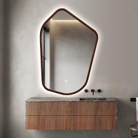 China Irregular Pentagon Wood Frame LED Vanity Mirror 75x100cm Dimmable Backlit for Hotel for sale