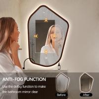 China Irregular Pentagon Wood Frame LED Vanity Mirror 75x100cm Dimmable Backlit for Hotel for sale