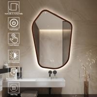 China Irregular Pentagon Wood Frame LED Vanity Mirror 75x100cm Dimmable Backlit for Hotel for sale