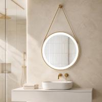 China Round Aluminum Frame LED Bathroom Mirror With Hanging Leather Strap for sale