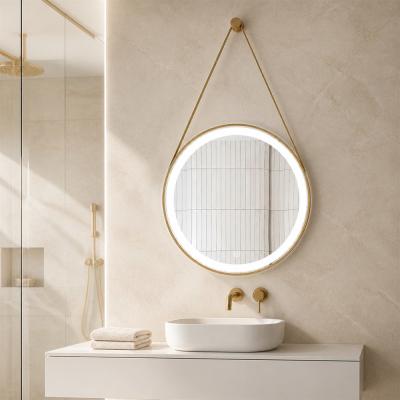 China Round Aluminum Frame LED Bathroom Mirror With Hanging Leather Strap for sale