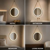 China Round Aluminum Frame LED Bathroom Mirror With Hanging Leather Strap for sale
