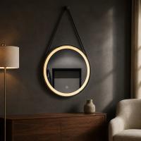 China Round Aluminum Frame LED Bathroom Mirror With Hanging Leather Strap for sale
