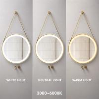 China Round Aluminum Frame LED Bathroom Mirror With Hanging Leather Strap for sale