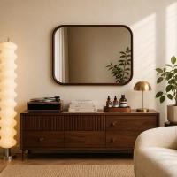 China Rounded Rectangle Wood Frame Wall Mirror with 5MM Copper-free Silver Mirror for Vertical & Horizontal Mount for sale