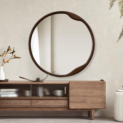 China Irregular Round Wood Frame Wall Mounted Bathroom Vanity Mirror For Decoration for sale