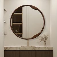 China Irregular Round Wood Frame Wall Mounted Bathroom Vanity Mirror For Decoration for sale