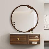 China Irregular Round Wood Frame Wall Mounted Bathroom Vanity Mirror For Decoration for sale