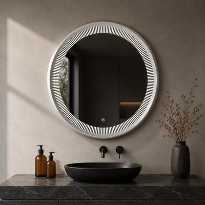 China Round Ribbed Textured LED Wall Mirror with Dimmable Touch Control and IP44 Waterproof 5MM Copper-free Silver Mirror for sale