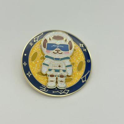 China Astronaut Puppy in Space Glitter Enamel Pin, Kawaii Dog Space Travel Collectible Lapel Pin for sale