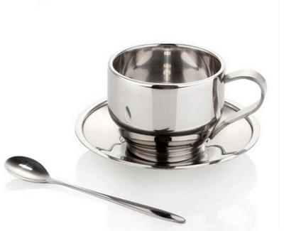 China Double Wall Stainless Steel Coffee Tea Cup Set with Saucer and Spoon 300ml for sale