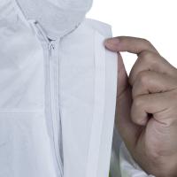 China Non Woven Hooded Disposable Coveralls Pp Pe Laminated Sf White Color With Boot Cover for sale