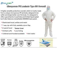 China Non Woven Hooded Disposable Coveralls Pp Pe Laminated Sf White Color With Boot Cover for sale