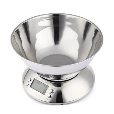 China 2*AAA Battery Silver 5000g Multifunctional Digital Kitchen Food Scale With Bowl Portable Stainless Steel Bowl Type LCD Platform Scale for sale