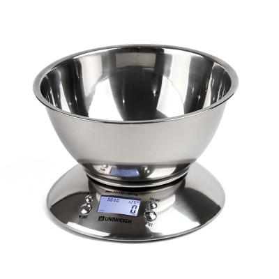 China Stainless Steel Digital Kitchen Scale High Accuracy 5kg/1g with Removable Knead Dough Bowl and Room Timer Battery Powered for sale