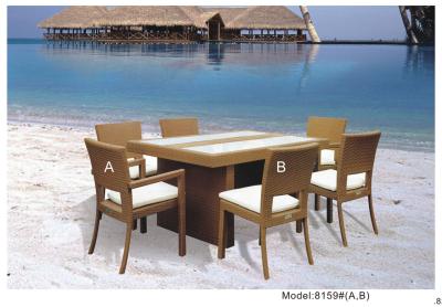 China 7-piece beige PE wicker rattan coffee dining set for 6 people with 4 armless chairs-8159 for sale