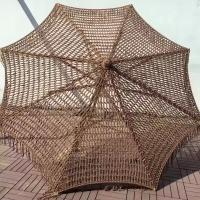China 9 ft Coffee Chocolate Outdoor Macrame Beach Umbrella Rope Woven Crochet Umbrella Tassel Fringe Market Umbrella for sale