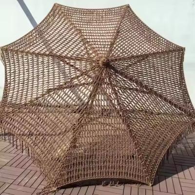 China 9 ft Coffee Chocolate Outdoor Macrame Beach Umbrella Rope Woven Crochet Umbrella Tassel Fringe Market Umbrella for sale