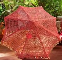 China 9 ft Red pink Colorful Outdoor Market Umbrella Rope Woven Macrame Umbrella Crochet Woven Umbrella Parasol for sale