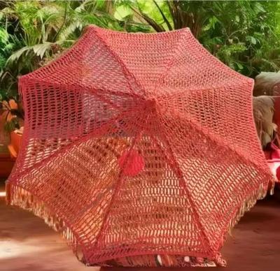 China 9 ft Red pink Colorful Outdoor Market Umbrella Rope Woven Macrame Umbrella Crochet Woven Umbrella Parasol for sale