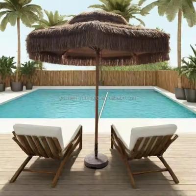 China 9 ft Synthetic Thatch Beach Umbrella 8 Ribs Plastic Thatched Tiki Umbrella Sand Beach Straw Umbrella With Fringe for sale