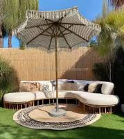 China 9 ft Resort Beach Macrame Crochet Umbrella Parasol Tassels Woven Canopy Umbrella Macrame Fringe Umbrella for sale