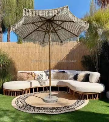 China 9 ft Resort Beach Macrame Crochet Umbrella Parasol Tassels Woven Canopy Umbrella Macrame Fringe Umbrella for sale