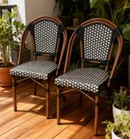 China Commercial Use French Style Woven Rattan Chair Black White Checkered Patio Dining Chair for Cafe Restaurant Hotel for sale
