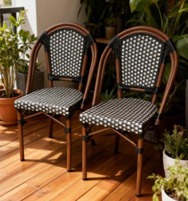 China Commercial Use French Style Woven Rattan Chair Black White Checkered Patio Dining Chair for Cafe Restaurant Hotel for sale