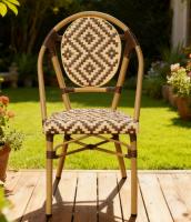 China Geometric Parisian Style Rattan Chair for Outdoor Dining Chocolate Brown Stripes Patio Chair for sale