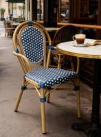 China Yoshen French Bistro Chair Blue Restaurant Café Outdoor White and Blue Rattan Dining Arm Chair for sale