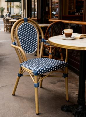 China Yoshen French Bistro Chair Blue Restaurant Café Outdoor White and Blue Rattan Dining Arm Chair for sale