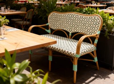 China French Bistro Rattan Banquette Bench with Backrest and Armrests for Porch Yard Lawn Deck for sale