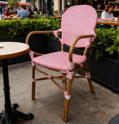 China Yoshen French Bistro Chair Blue Restaurant Café Outdoor White and Blue Rattan Dining Arm Chair for sale