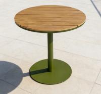 China Olive Green Pedestal Base Round Outdoor Table with Warm Wooden Slatted Top Modern for Patio Balcony for sale