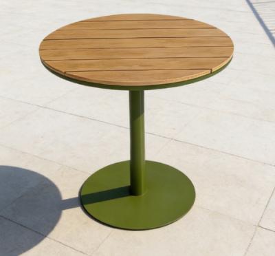 China Olive Green Pedestal Base Round Outdoor Table with Warm Wooden Slatted Top Modern for Patio Balcony for sale