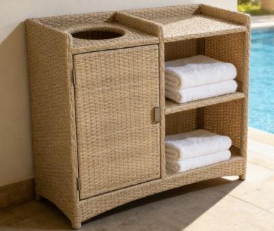 China All in One Handwoven Rattan Towel Storage Solution with Towel Bin for Hotel Pool Resort for sale