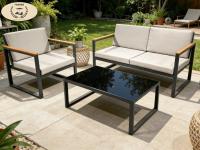 China 4 Piece Aluminum Patio Set Teak Armrests with Loveseat Club Chair and Tempered Glass Table Modern Patio Outdoor Hotel for sale